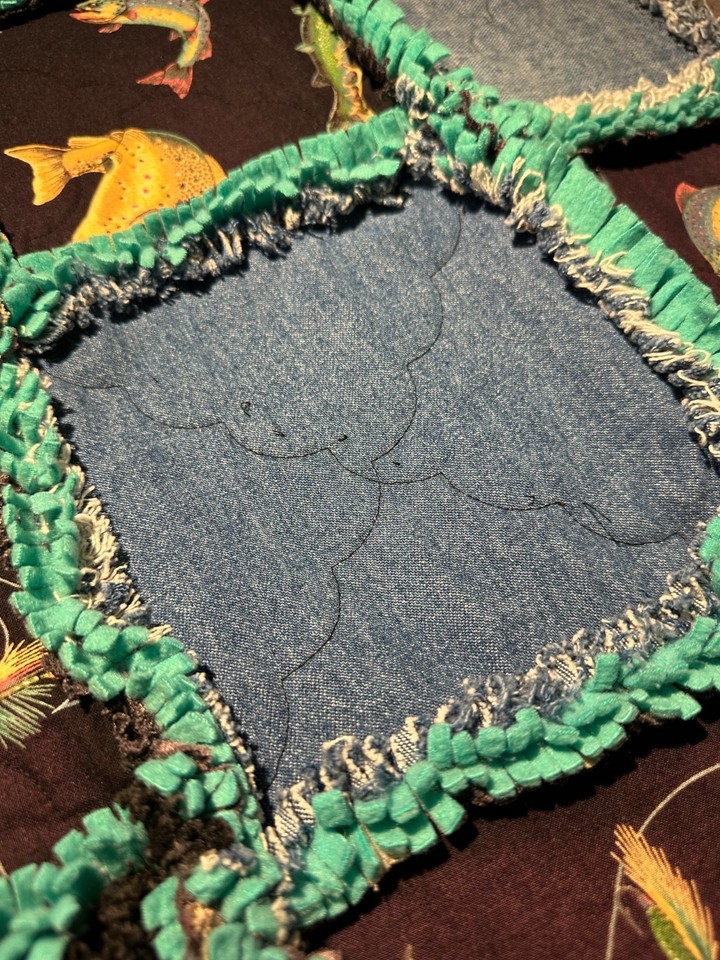 Large Hand Made Rag Quilt Fishing Lures Trout Denim 53x74 Rustic ...
