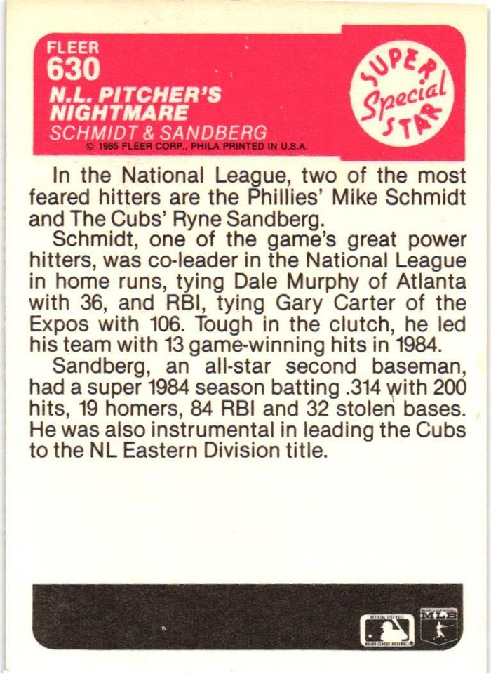 1985 Fleer #630 N.L. Pitcher's Nightmare (Mike Schmidt / Ryne Sandberg ...