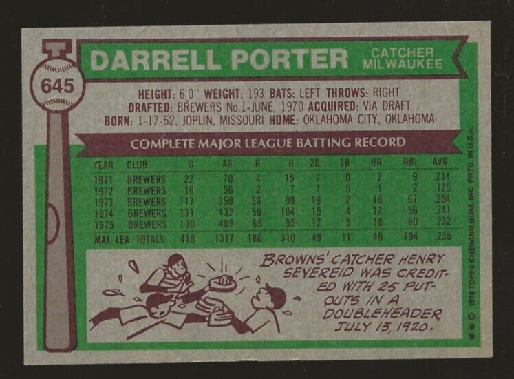 1976 Topps Darrell Porter Autographed Card #645 Brewers d. 2002 | eBay