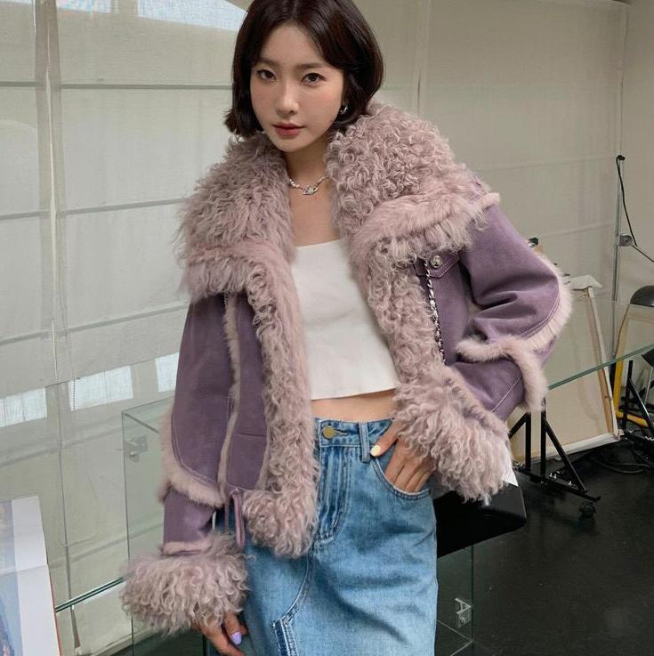 Rabbit Fur Coat Women's Short Biker Jacket Lamb Fur Collar Punk Leather ...