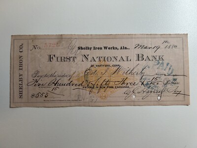RN-G1 - First National Bank - Bank Check - Shelby Iron Works AL - 1880 ...
