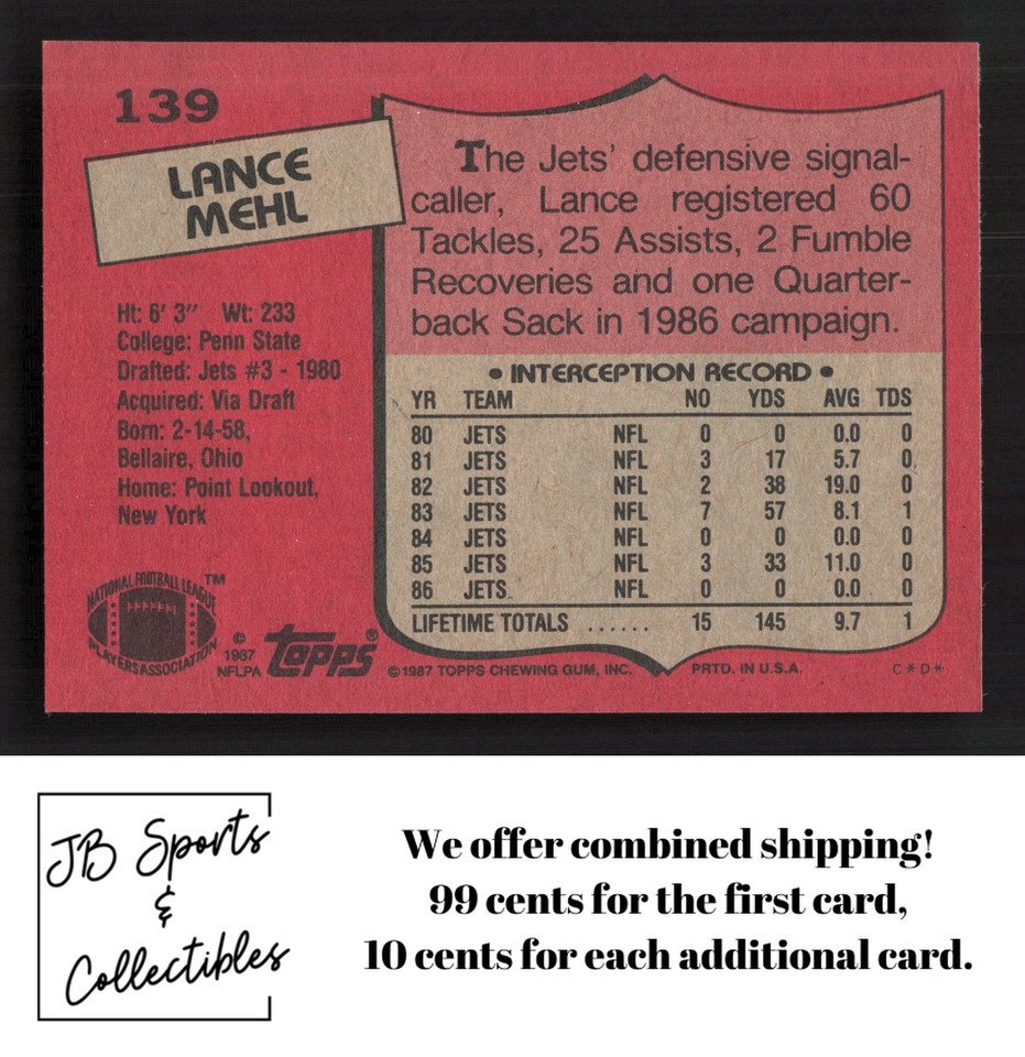 1987 Topps Lance Mehl #139 New York Jets | eBay