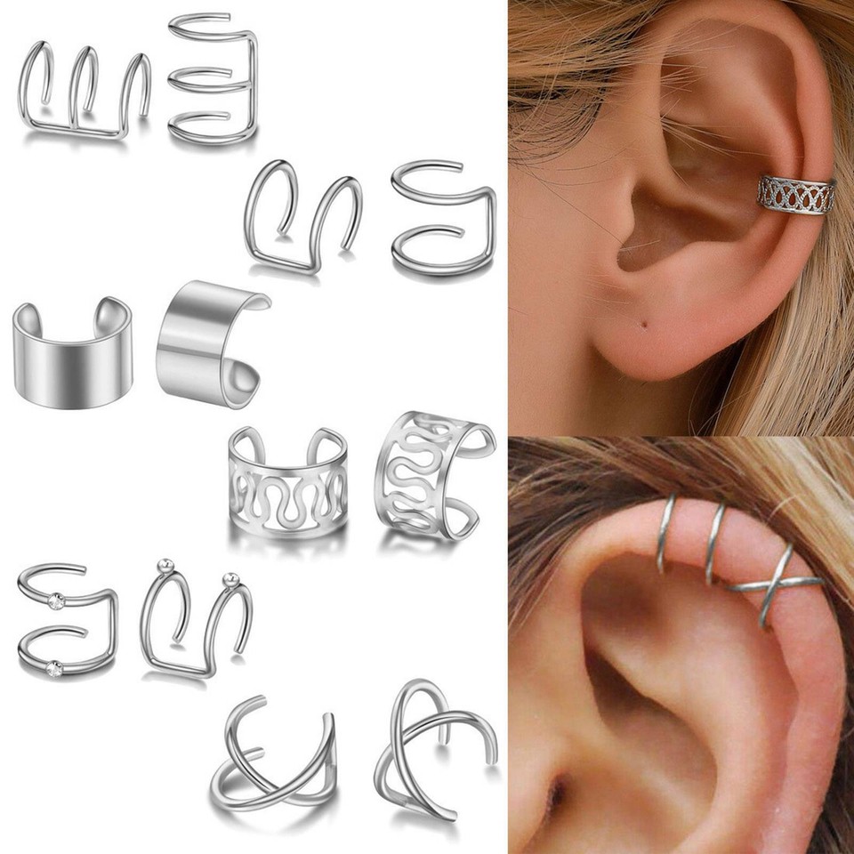 12PCS Ear Clip Cuff Wrap Fake Earring Stud Hoop Non Piercing Cartilage ...