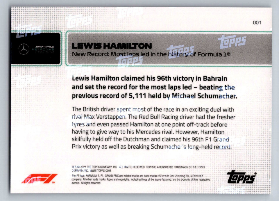 2021 Topps Now #1 001 Lewis Hamilton RC Rookie Mercedes Sets Record ...