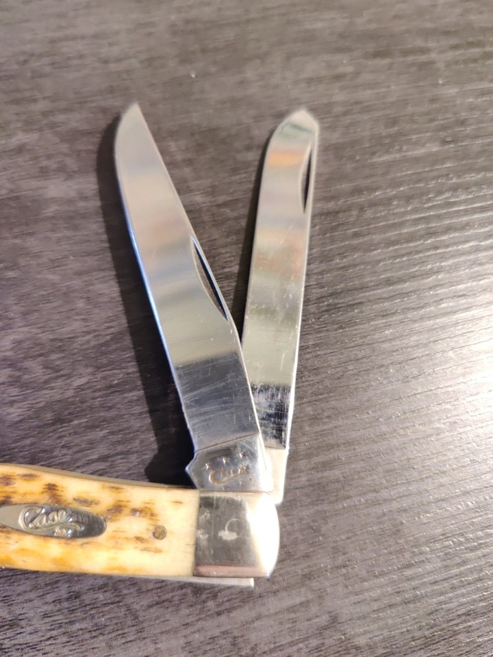 Case XX 6254 SS Amber Bone Peach Seed Jig Trapper 2 Blade Knife #47A | eBay