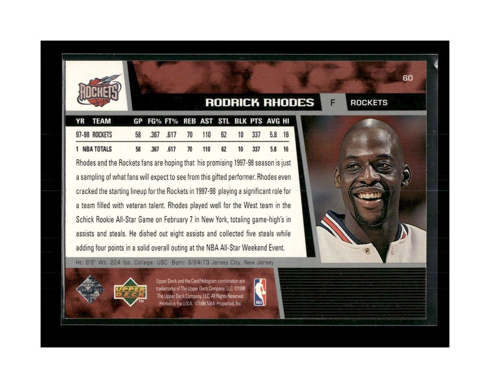 1998-99 Upper Deck Houston Rockets Basketball Card #60 Rodrick Rhodes ...