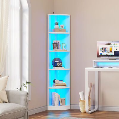 5-Tier LED Corner Shelf 71" Tall Wood Bookcase Bookshelf Open Storage ...