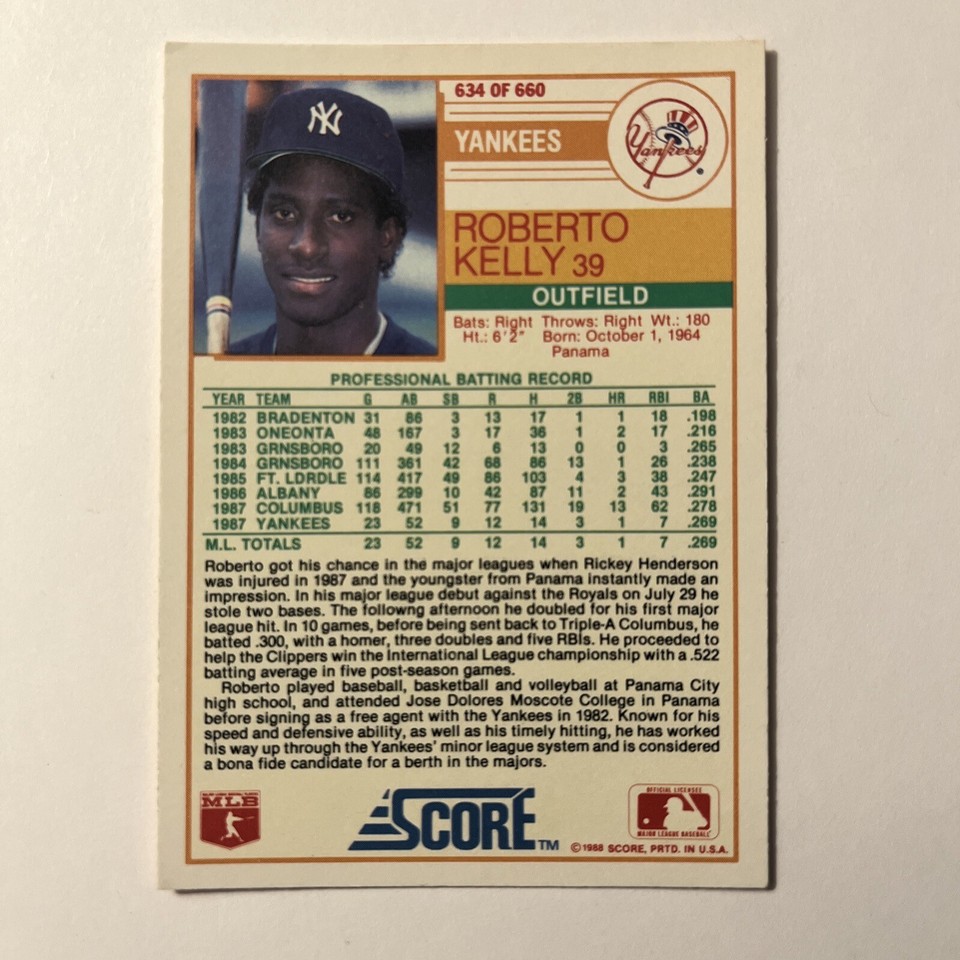1988 Score Baseball Roberto Kelly #634 New York Yankees Rookie Card MLB ...