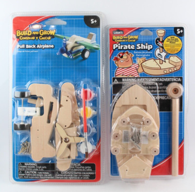 2 New Lowe’s Build & Grow Kits: Pull back Airplane & Pirate Ship Wood ...