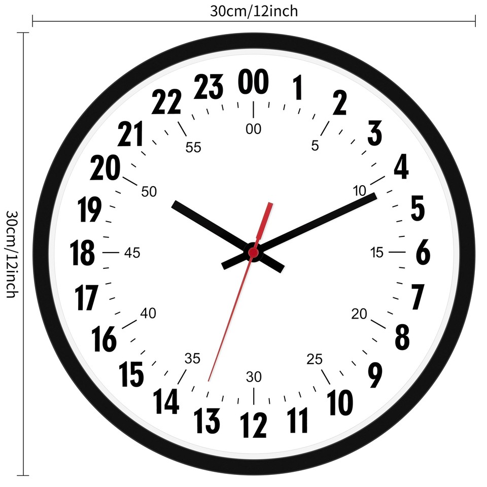 24 Hour Wall Clock 12 Inch Quartz Battery Operated Round Analog Wall ...