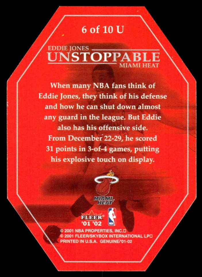 2001-02 Fleer Genuine Unstobbale Eddie Jones Miami Heat #6 | eBay