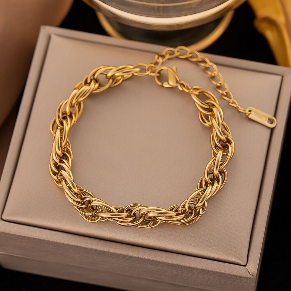 Woman 18K Gold Plated Stainless Steel Braided Bangle Bracelet 7.9'' new ...