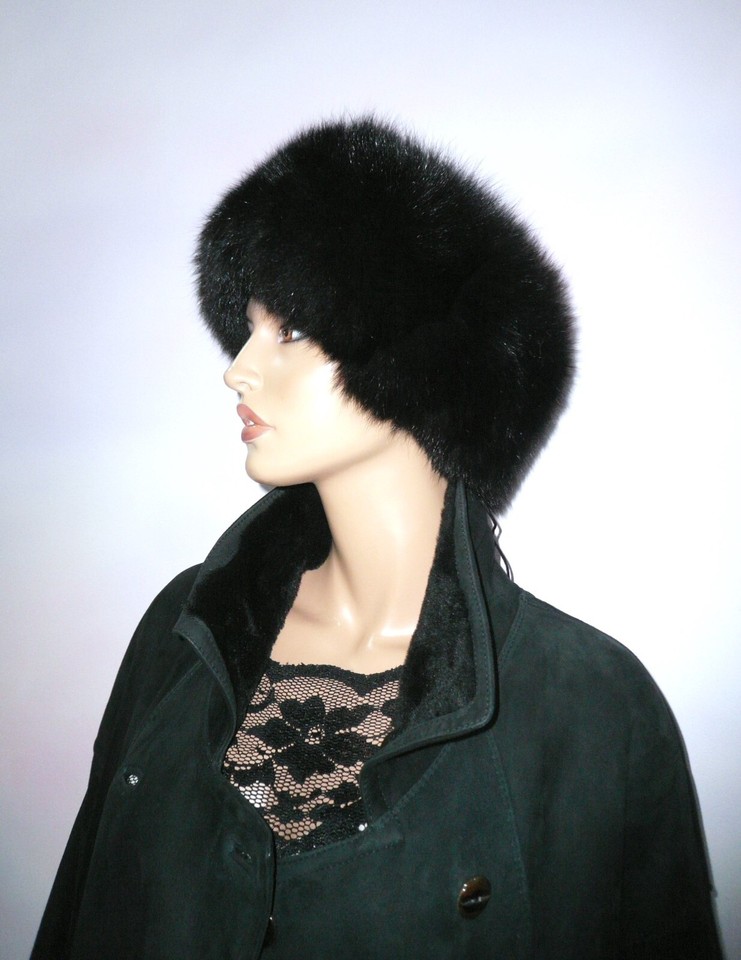 Real Black Arctic Fox Fur Fabric Cossack Hat for Coat Volpe Adjustable ...