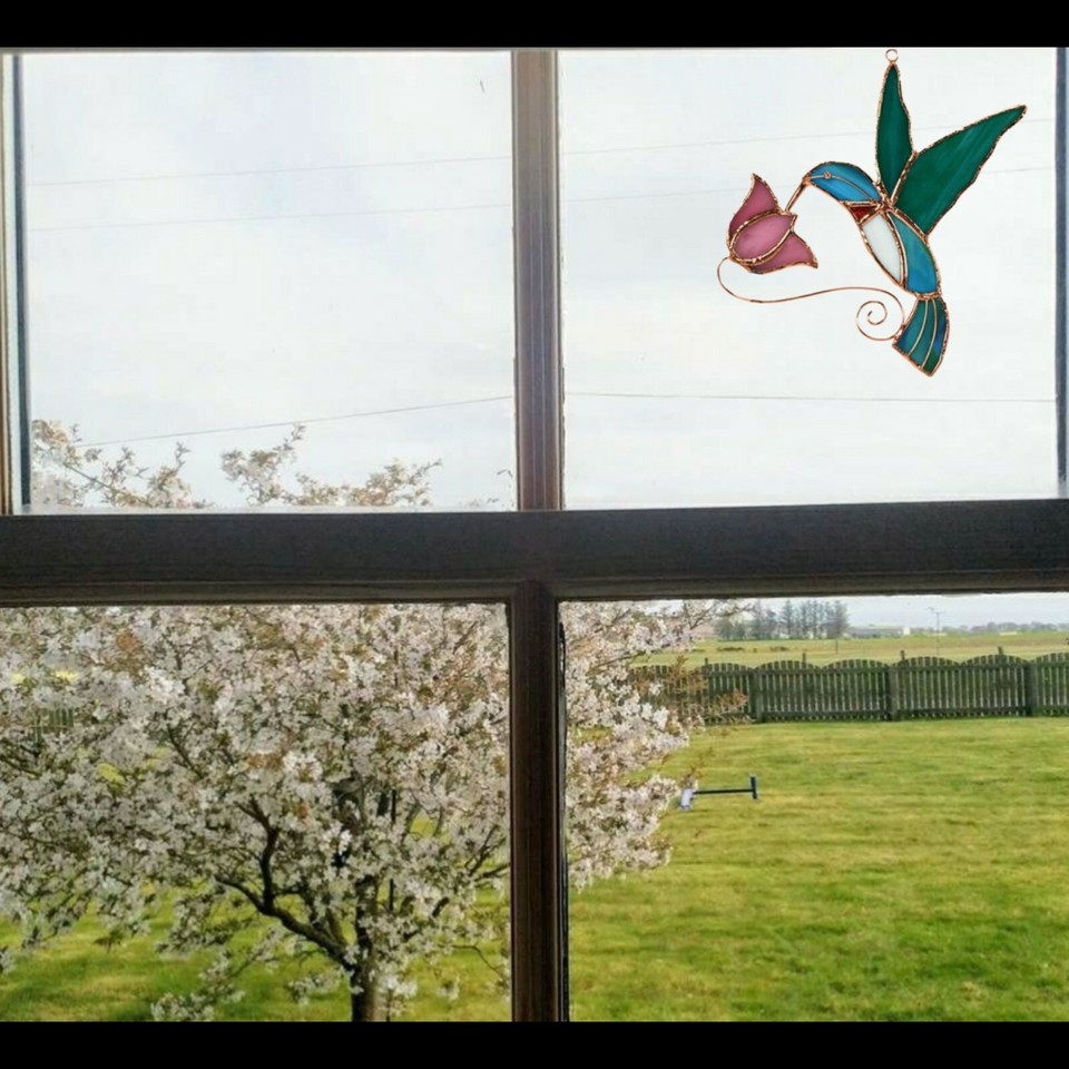 STAINED GLASS HUMMINGBIRD WITH PINK FLOWER SUNCATCHER SUN CATCHER GE139 ...