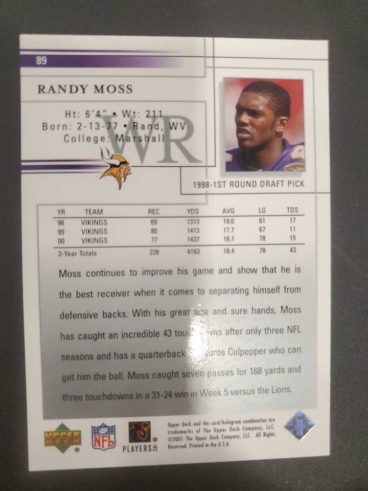 RANDY MOSS 2001 Upper Deck #89 Minnesota Vikings | eBay