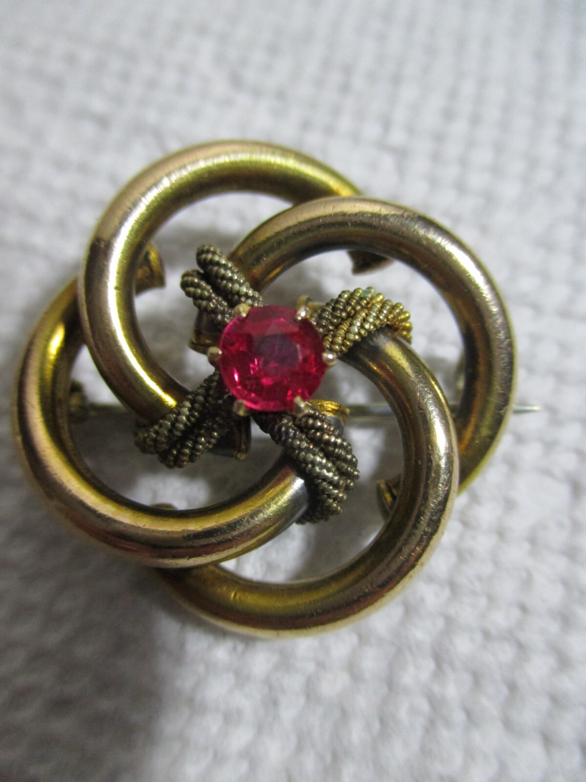 Victorian Rolled Gold & Ruby Love Knot Pin Brooch - Gem