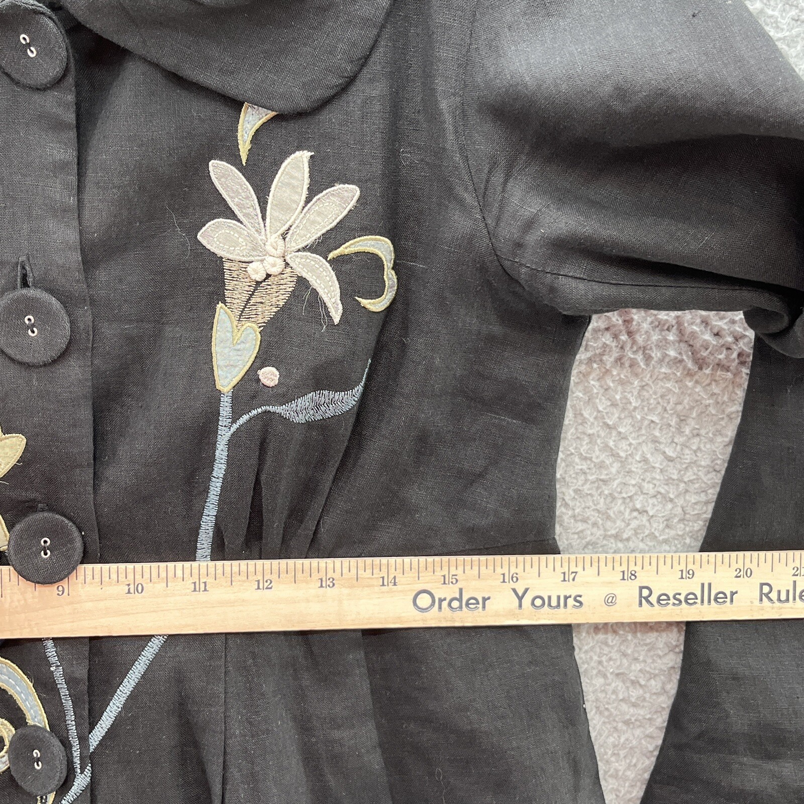 CoVelo Clothing Jacket Womens 4 Black Linen Floral Applique Art to Wear ...