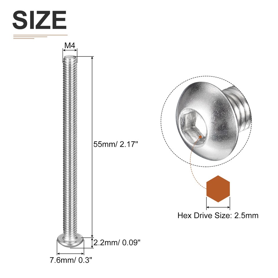 50PCS M4-0.7x55mm Button Head Socket Cap Screw Hex Drive Full Thread ...