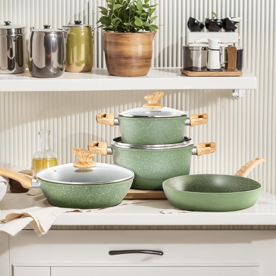 12Pcs Green Non Stick Cookware Set Granite Induction Pots and Pans with ...