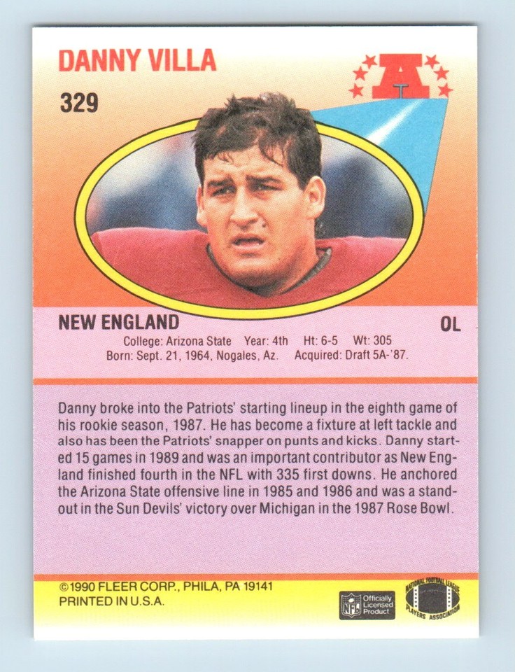 1990 Fleer Danny Villa Rookie New England Patriots #329 | eBay