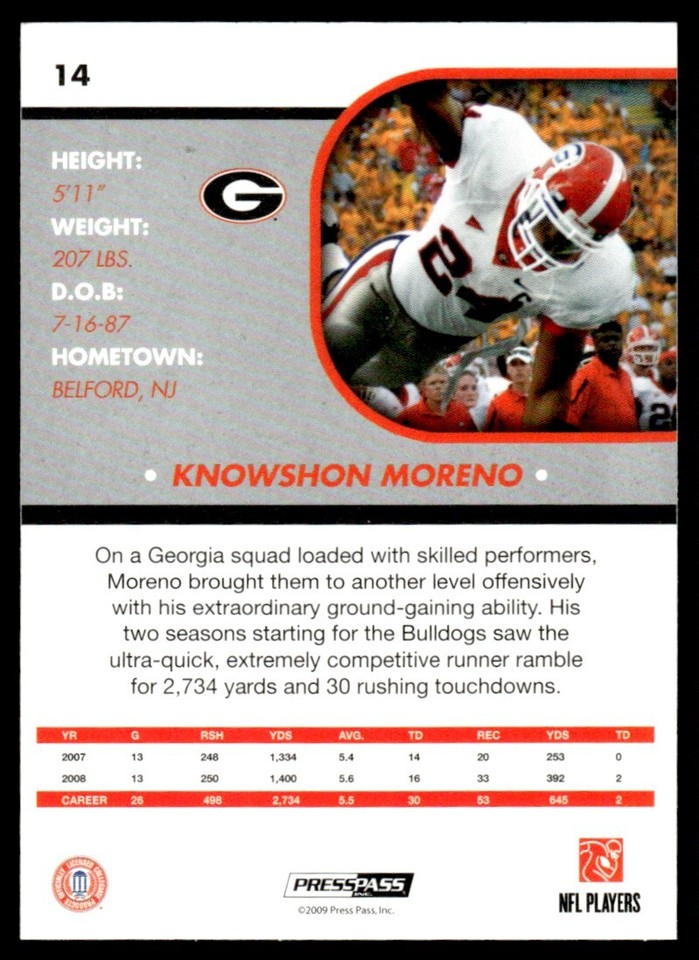 2009 Press Pass SE Knowshon Moreno Rookie Georgia Bulldogs #14 | eBay