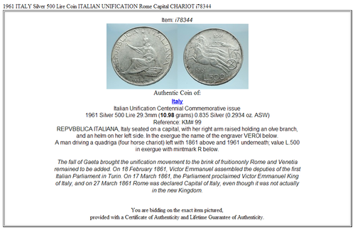 1961 ITALY Silver 500 Lire Coin ITALIAN UNIFICATION Rome Capital ...