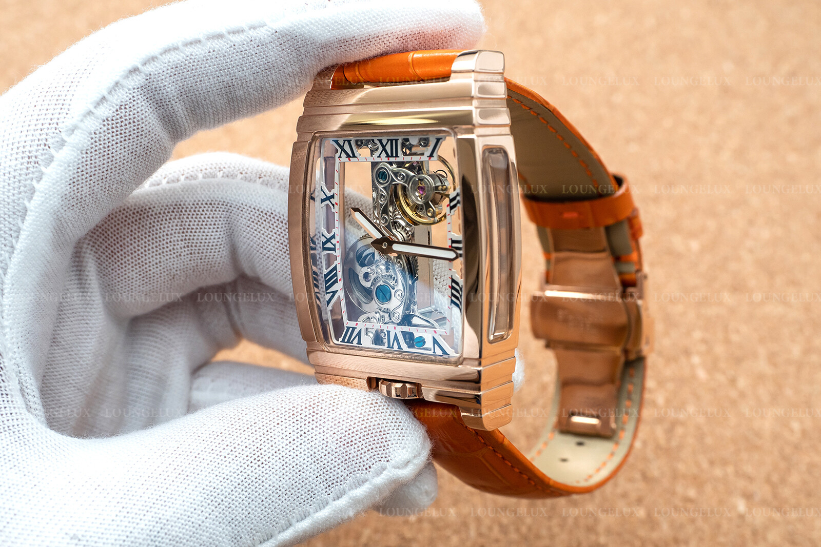 Mens Rose Gold Bridge Manual Mechanical Watch - Orange Leather ...