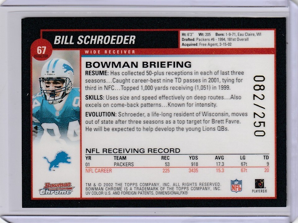 BILL SCHROEDER Detroit Lions 2002 Bowman Chrome #67 X-Fractor Parallel ...