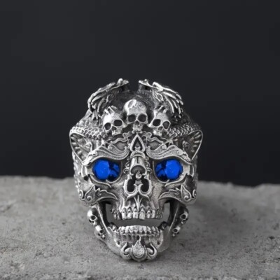 925 Sterling Silver Fashion Biker Skull Wedding Engagement Ring One ...