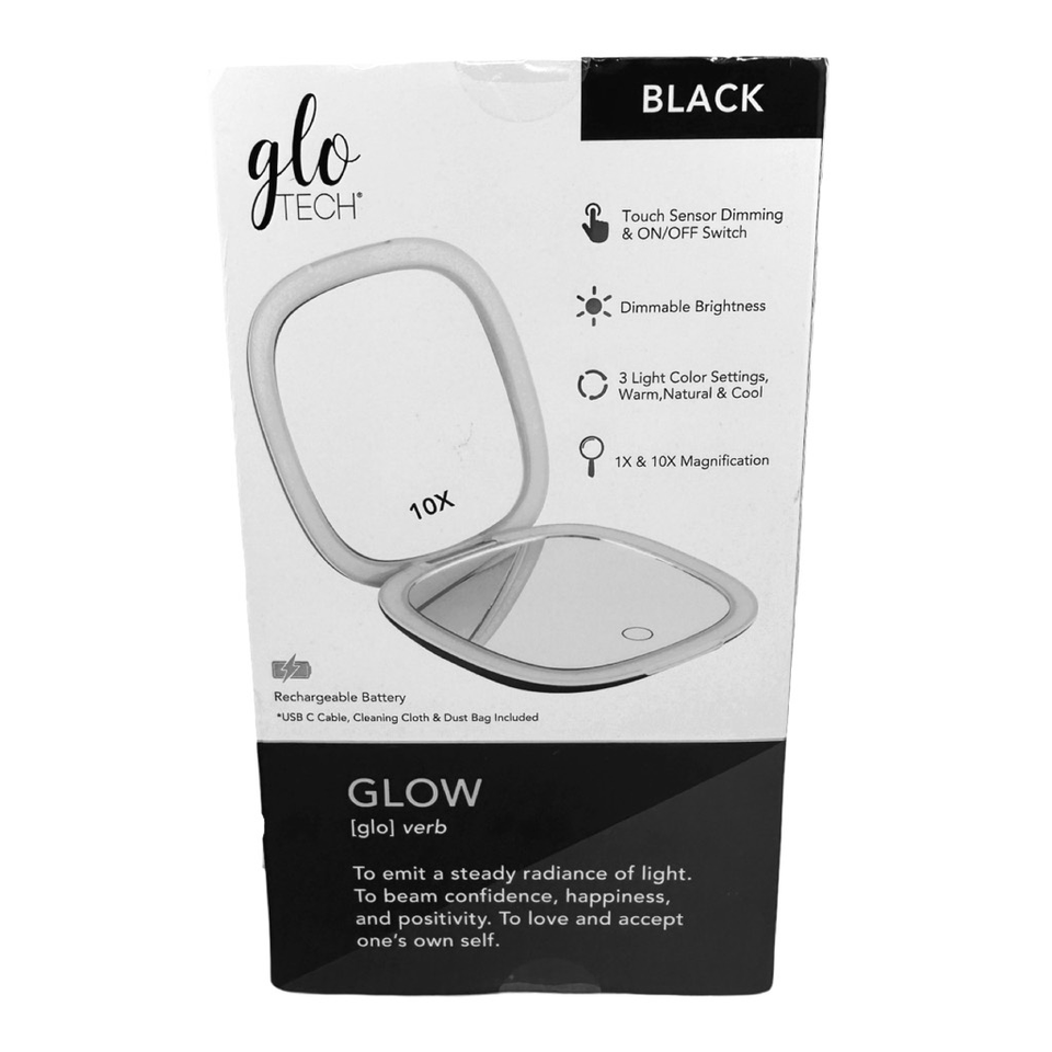 Glo-Tech LED Compact Mirror Black 1X/10X Rechargeable Handheld USB Cord ...