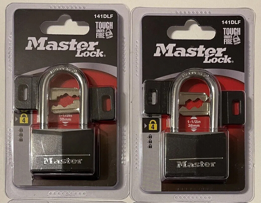 Lot of 2 Master Lock 141DLF Black/Silver Long Shackled Padlocks 1-1/2 ...