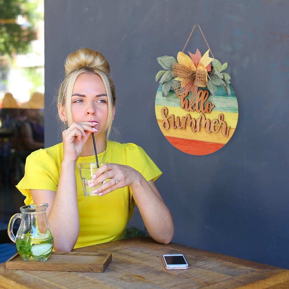 Whaline Hello Summer Wooden Hanging Sign Welcome Front Coffee | eBay
