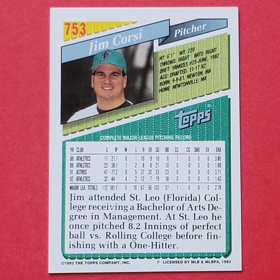 Jim Corsi 1993 Topps #753 Florida Marlins | eBay