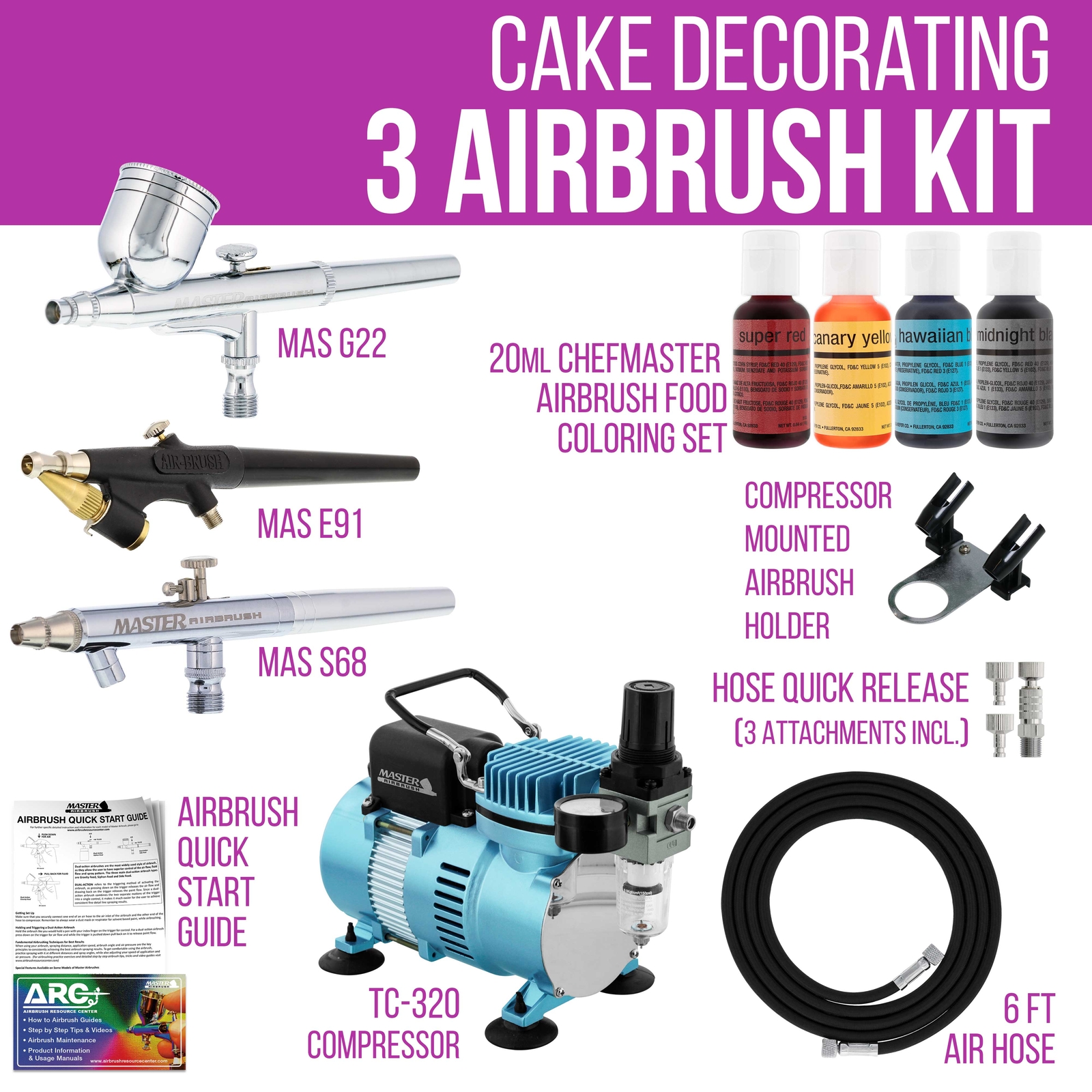 Master 3 Airbrush, Air Compressor Cake Decorating Kit, 4 Chefmaster ...