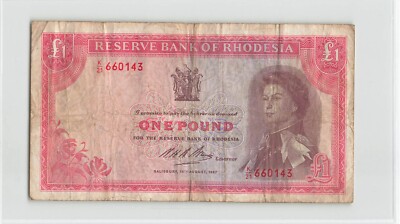 RHODESIA 1 Pound 1967 (18.8.67), P-28b, 660143, QEII Banknote ...