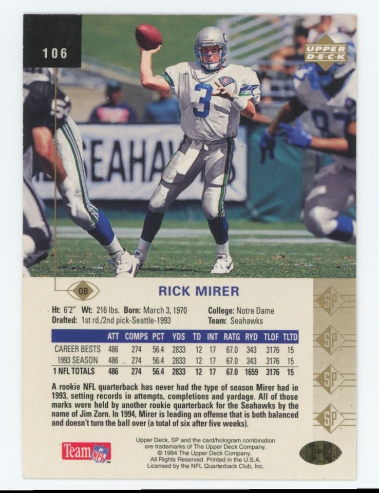1994 UPPER DECK SP RICK MIRER SEATTLE SEAHAWKS #106 | eBay