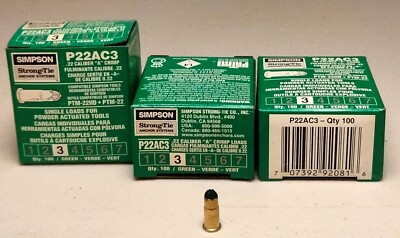 3 Packs of 100 Simpson Strong-Tie .22 Caliber Green Level 3 Power Load ...