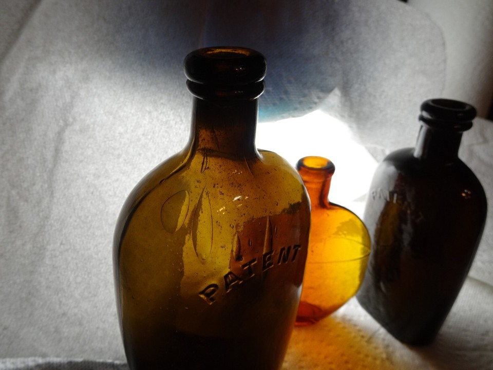 Antique pre-1900 Flasks PATENT Applied Top,Stoddard,crude dark amber ...