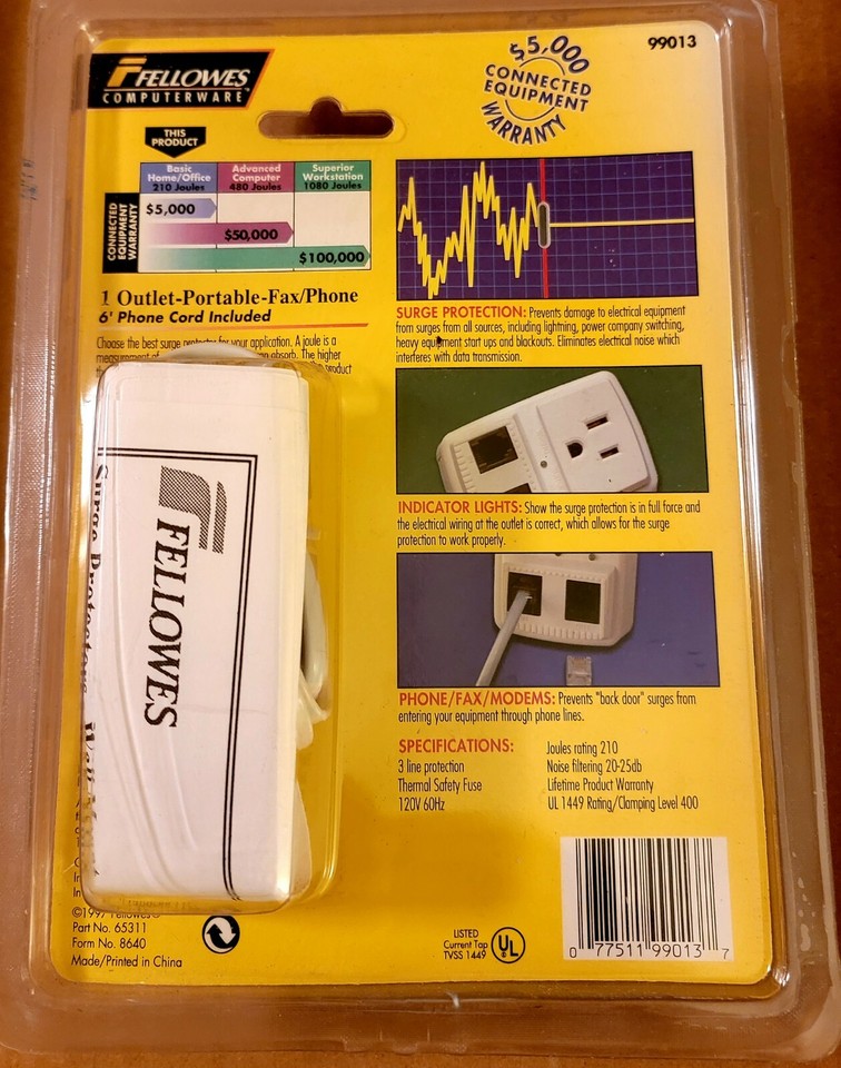 Fellowes Series 99013 1 Outlet Portable Surge Protector With Fax/Phone ...