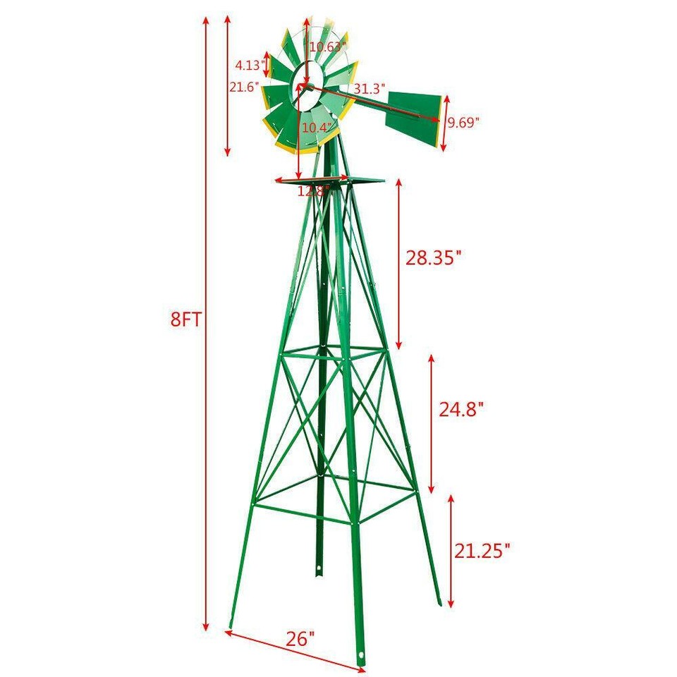 8FT Green Metal Windmill Yard Garden Decoration Weather Rust Resistant ...