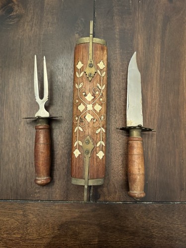 Antique Indian Carving Set - Rosewood And Inlaid Sheath With Knife And ...