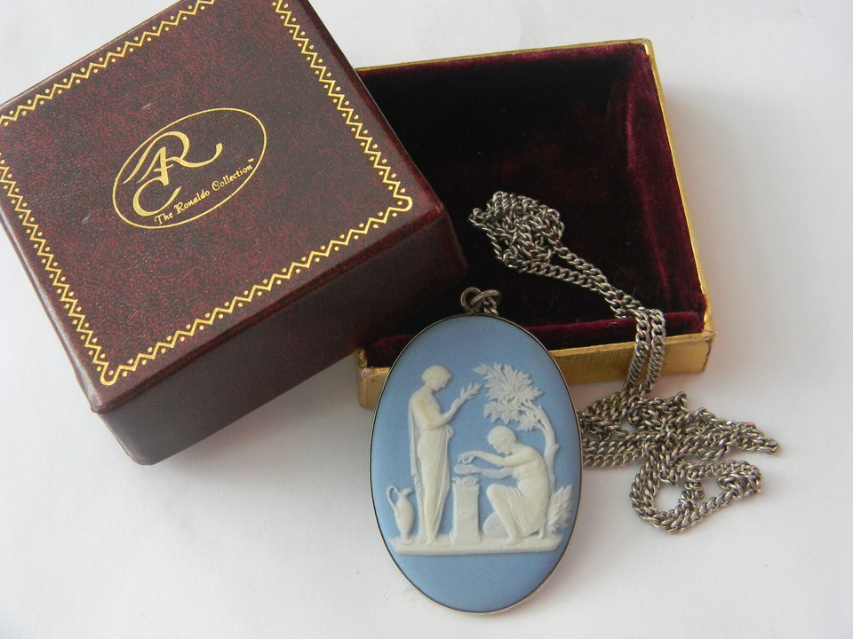 Rare Estate 1800's Oval 2.25" Wedgewood Pendant 925 Sterling Bezel & 30 ...