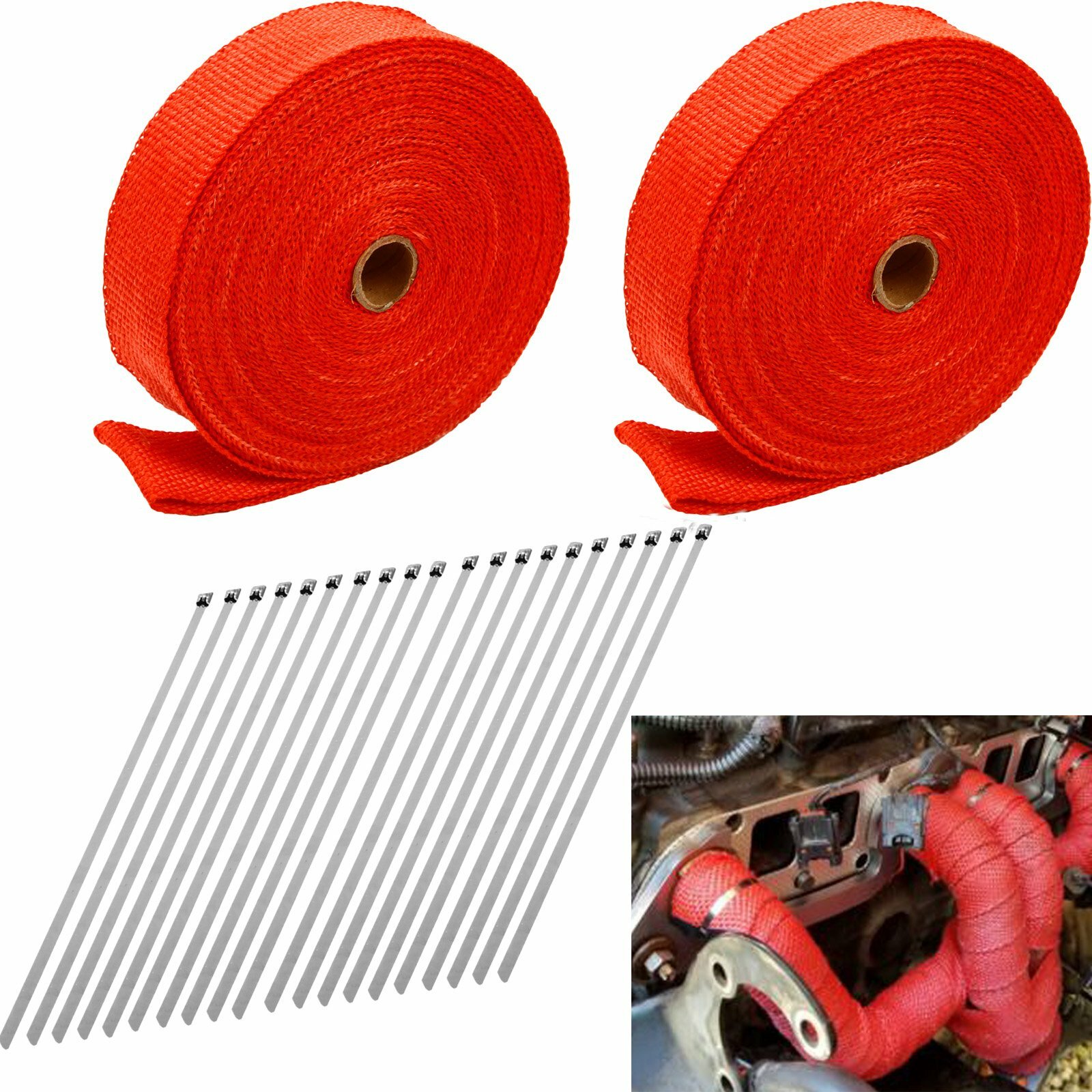 2 Roll x 2" 50FT Red Exhaust Wrap Manifold Header Fiberglass Heat Wrap ...