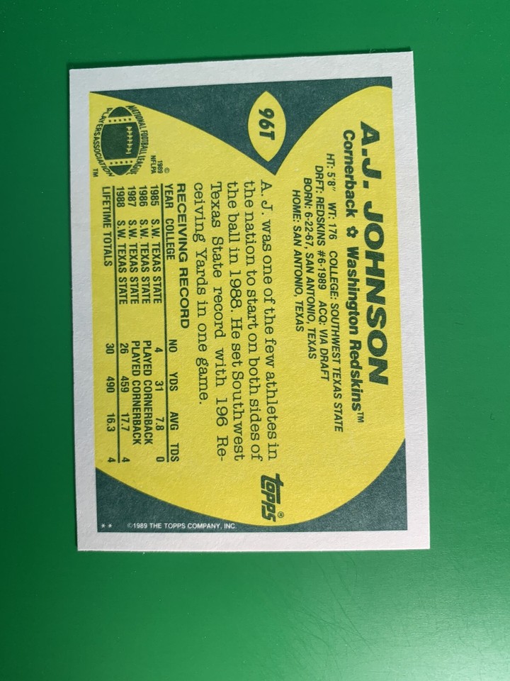 1989 Topps A.J. Johnson RC #96T Washington Redskins | eBay