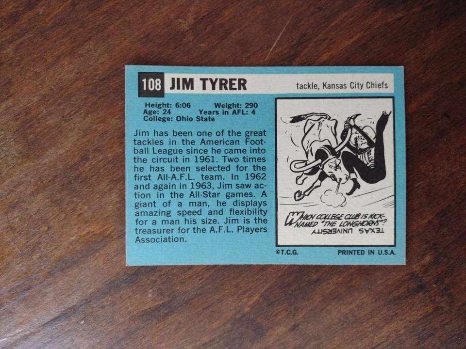 1964 Topps #108 Jim Tyrer RC Kansas City Chiefs Ex/Ex+ | eBay