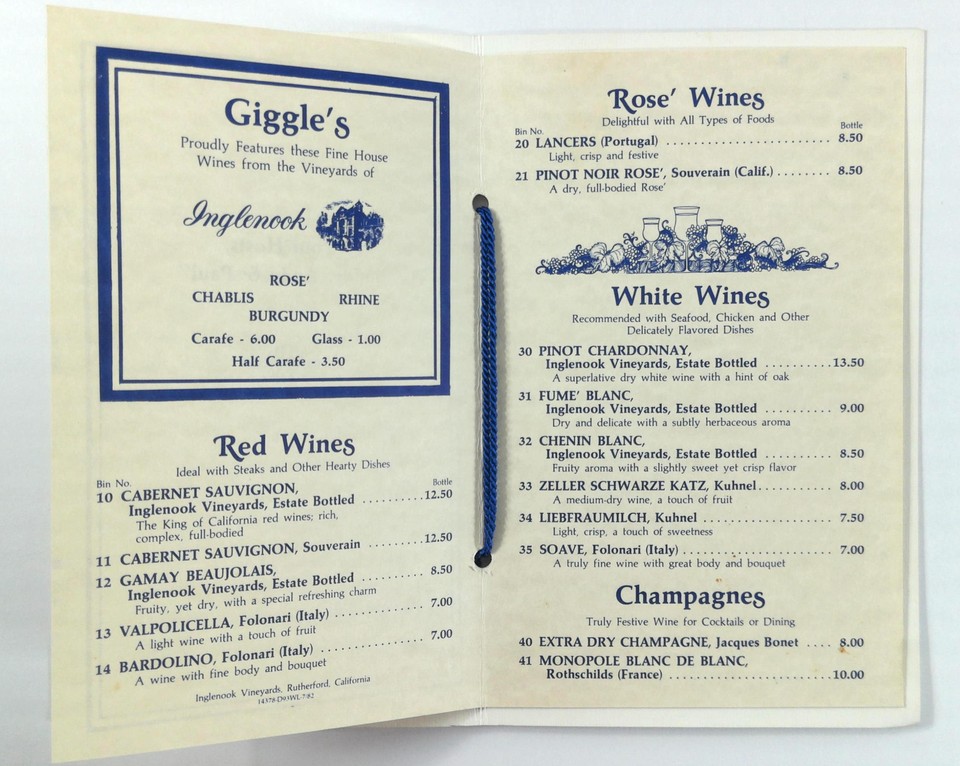 1982 GIGGLES CAFE Eating Drinking Establishment Restaurant Menu ...