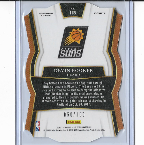 2017-18 Select Devin Booker Premier Level Blue Die Cut Prizm /185 Suns ...