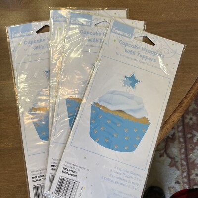Blue Stars Cupcake Wrappers With Star Plastic Toppers 32 Count | eBay