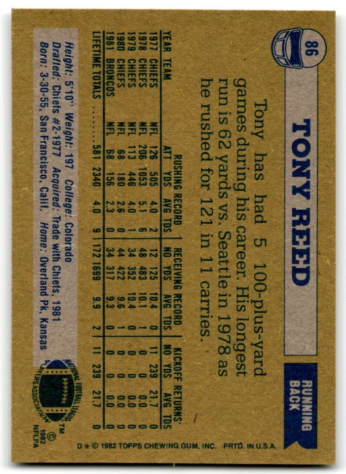 1982 TOPPS TONY REED DENVER BRONCOS #86 | eBay