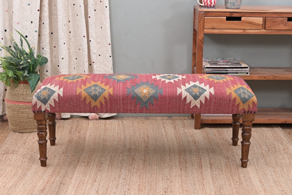 Indian Handmade Kilim Wool Jute Rug Piano Bench - Unique Upholstered ...